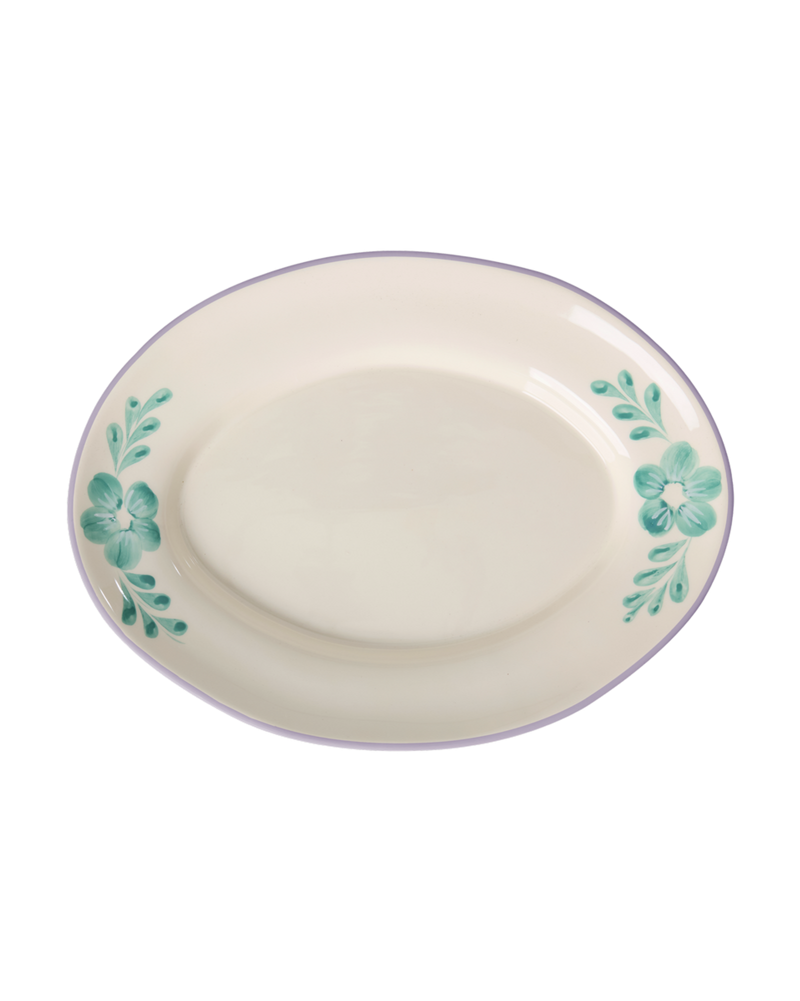 Medium Ceramic Serving Dish - Off White - Hand-painted Green Flower Vi